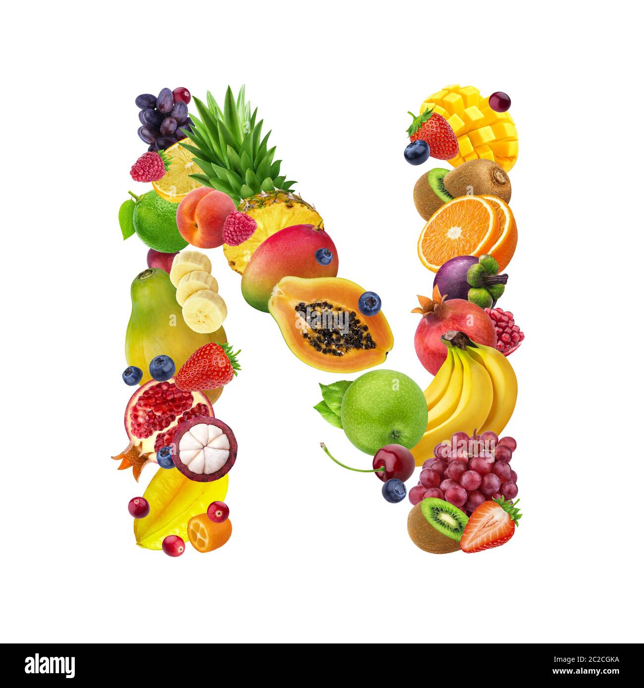 Letter N made of different fruits and berries, fruit alphabet isolated ...