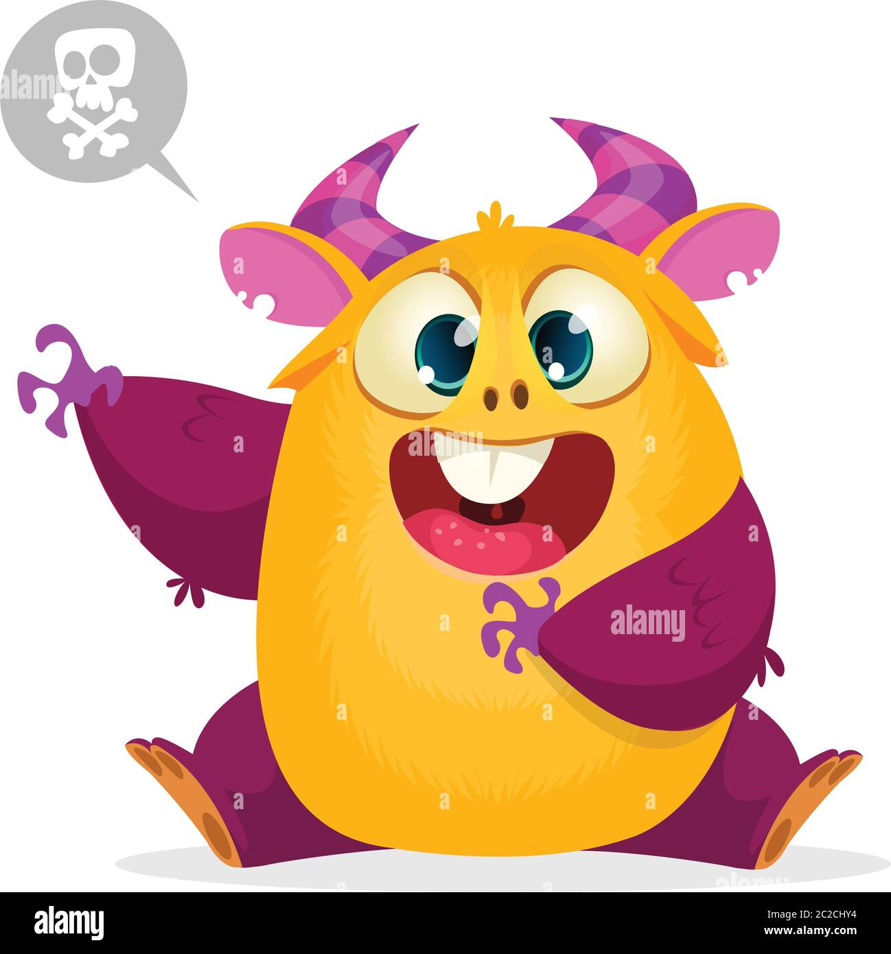 Scared cartoon pink monster waving. Vector cute monster mascot ...