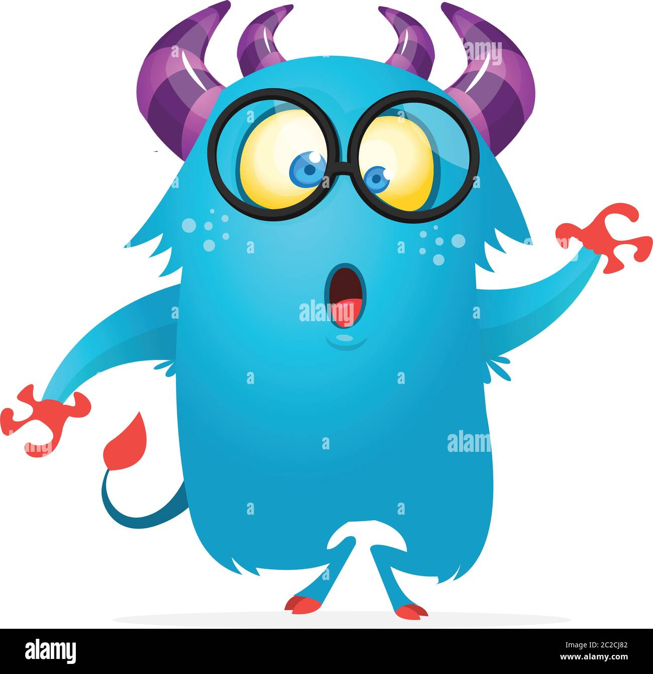 Scared cartoon pink monster waving. Vector cute monster mascot ...