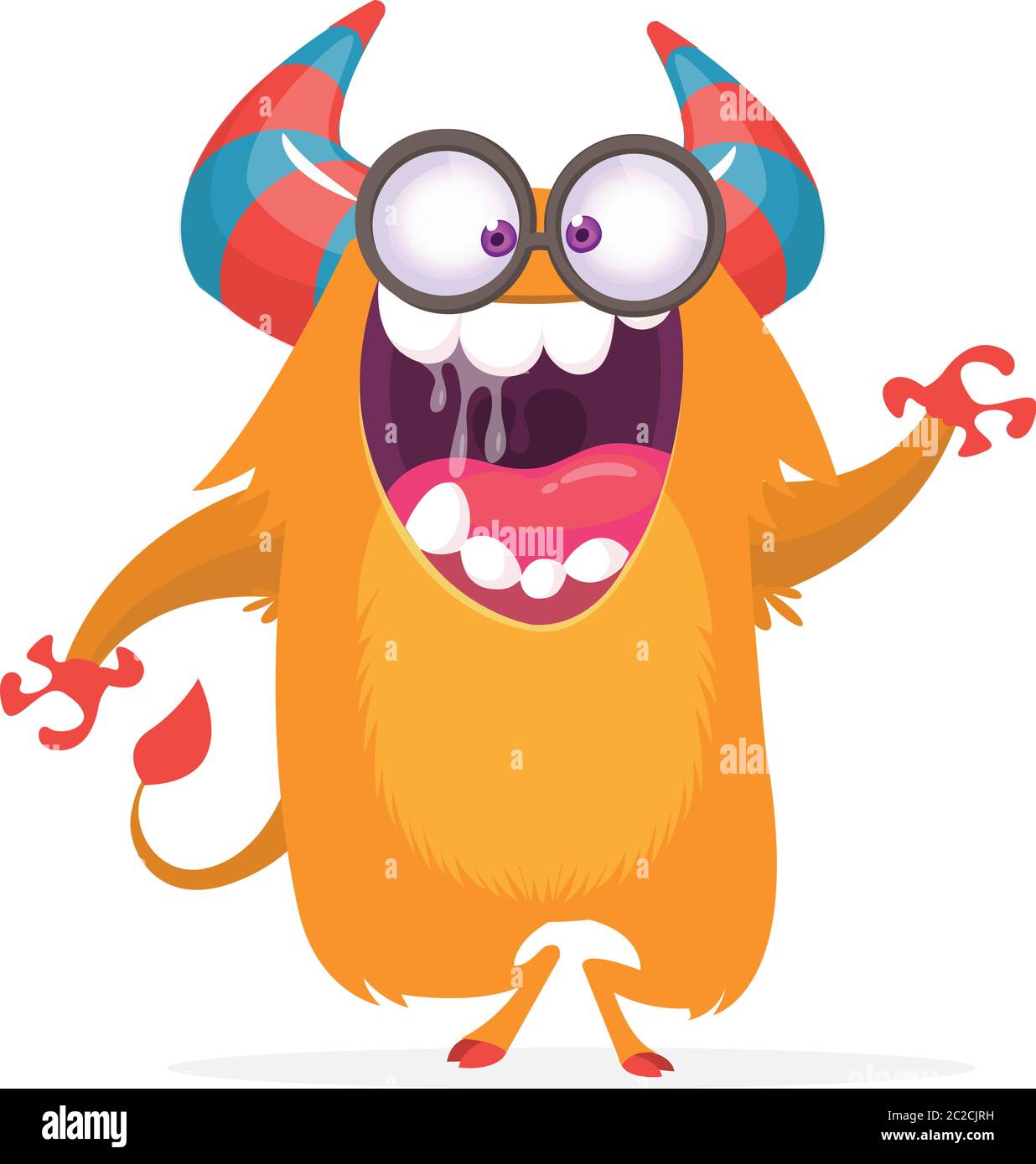 Scared cartoon pink monster waving. Vector cute monster mascot ...