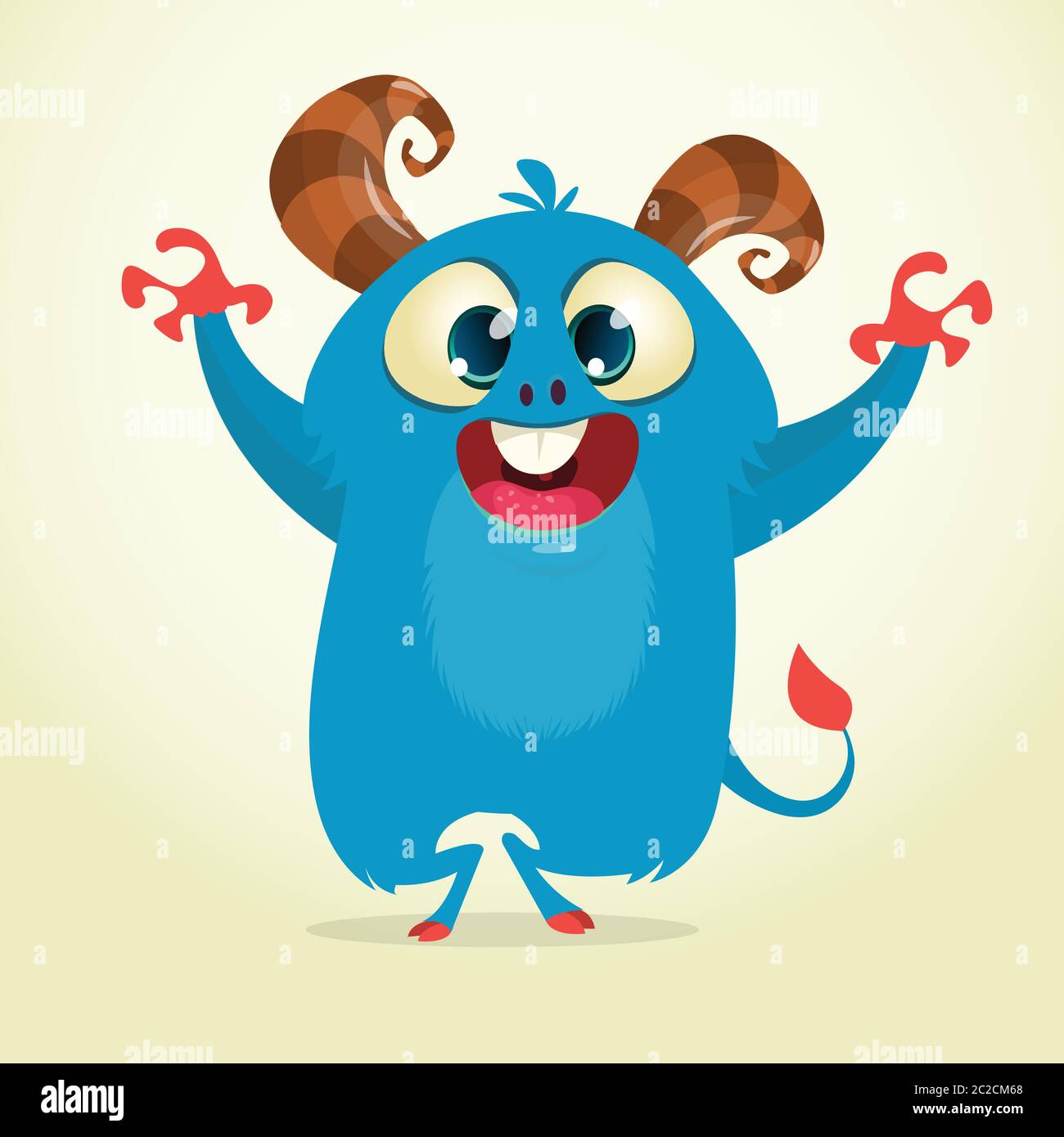 Cartoon blue cute monster waving hands excited. Vector monster ...