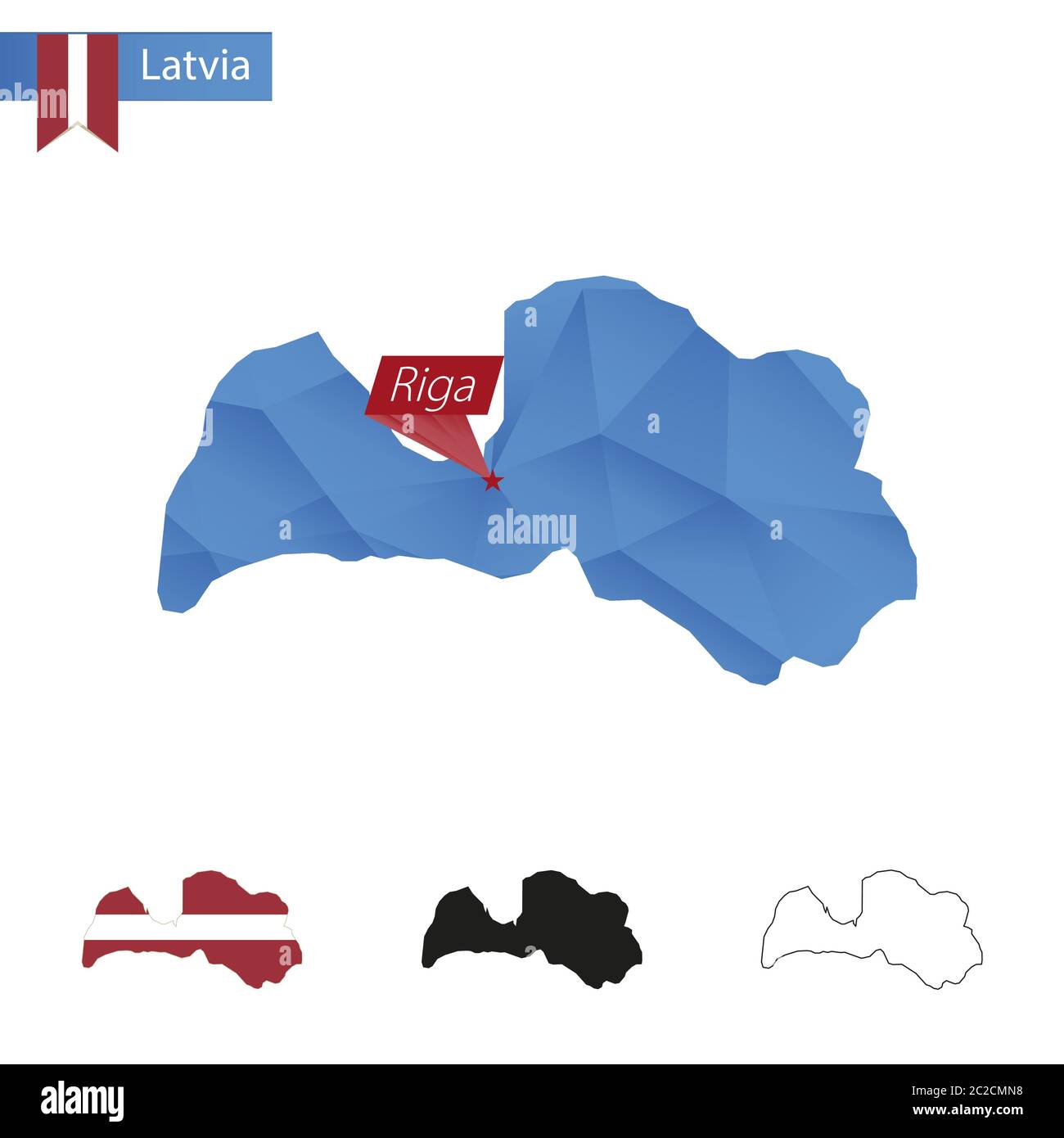 Latvia blue Low Poly map with capital Riga, versions with flag, black ...