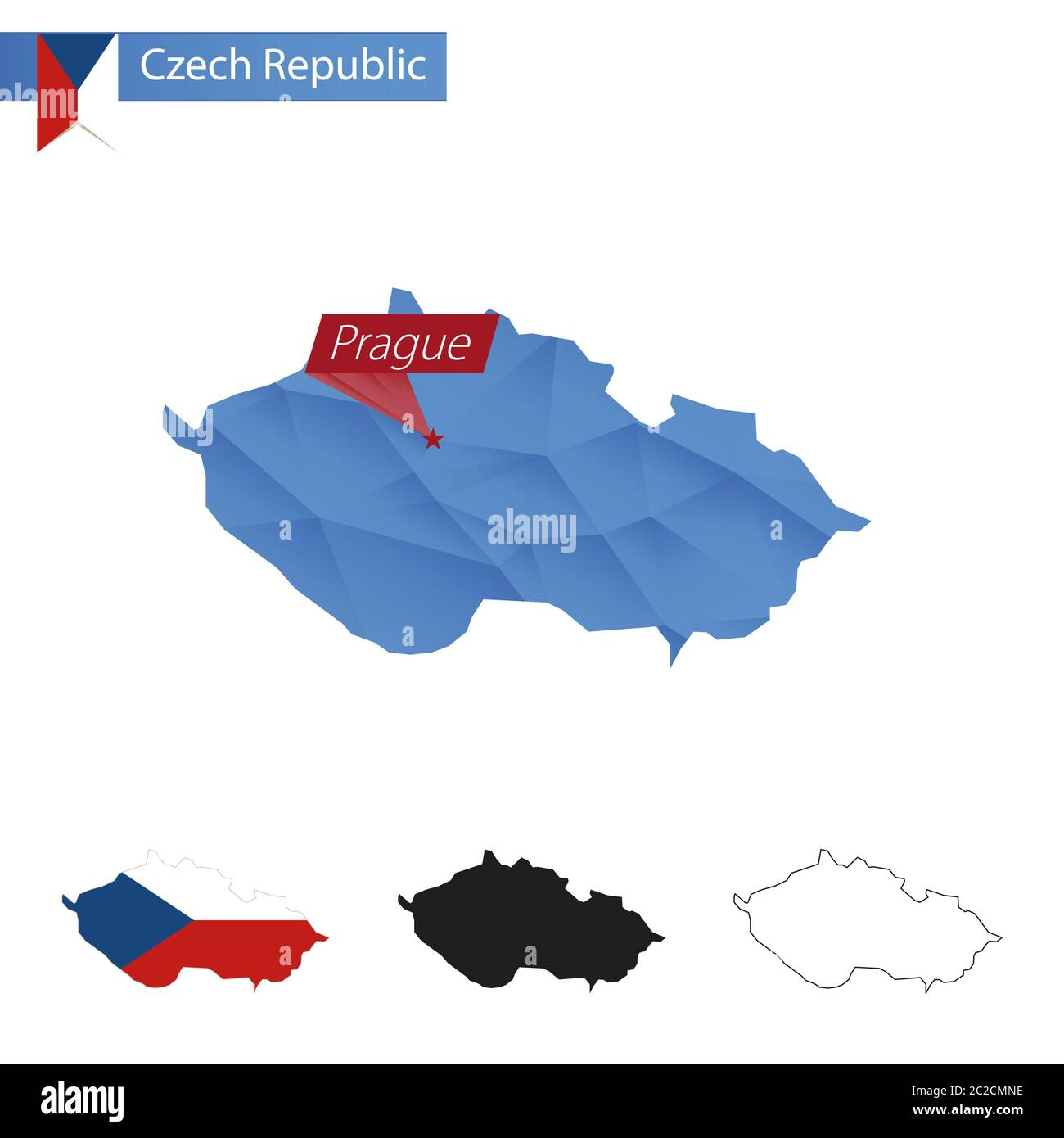 Czech Republic blue Low Poly map with capital Prague, versions with ...