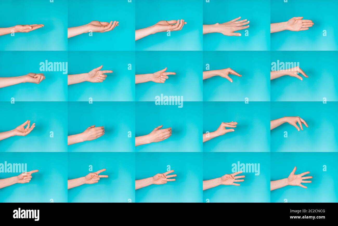 Gesturing female hands on blue background Stock Photo - Alamy