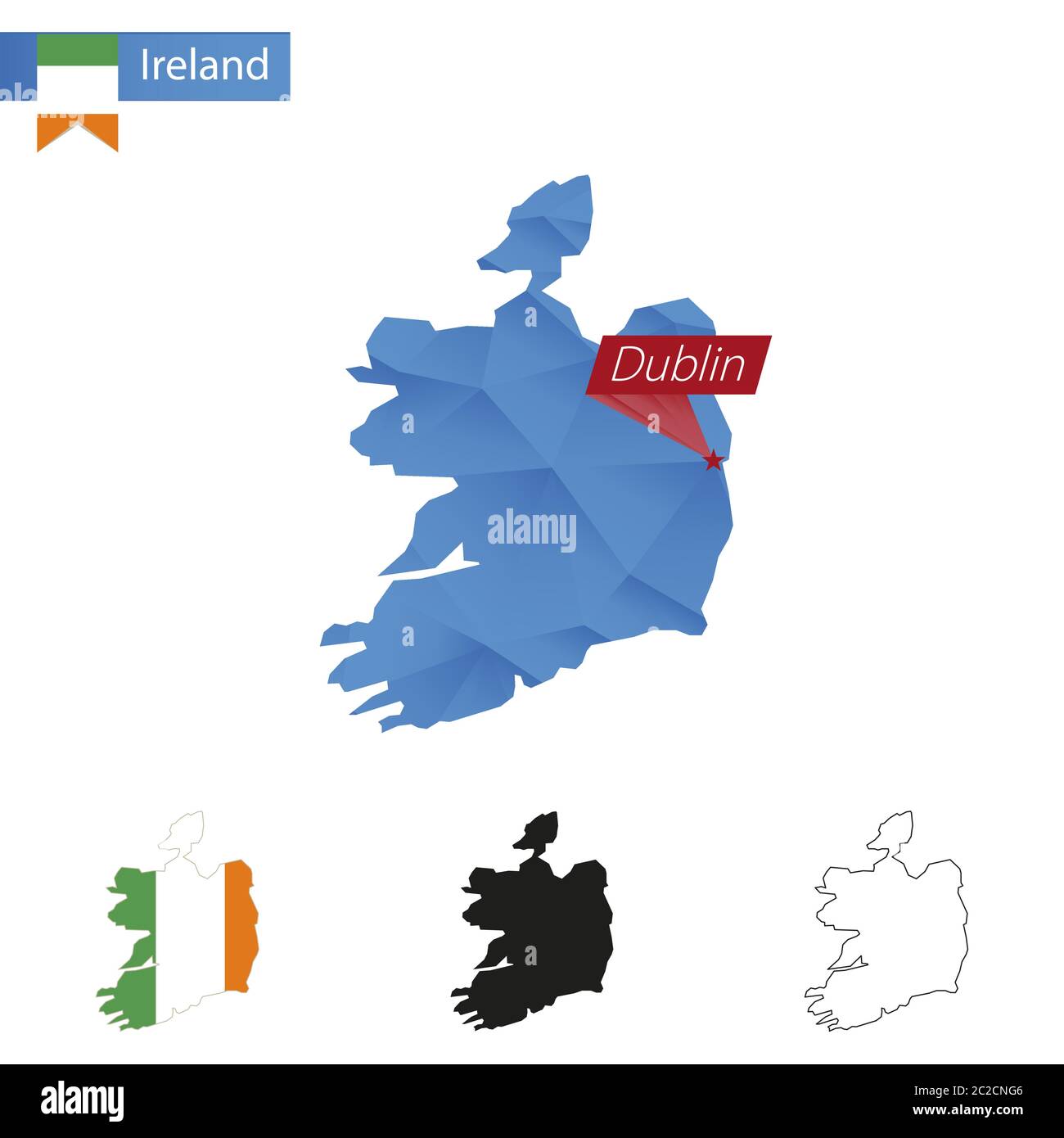 Ireland blue Low Poly map with capital Dublin, versions with flag ...
