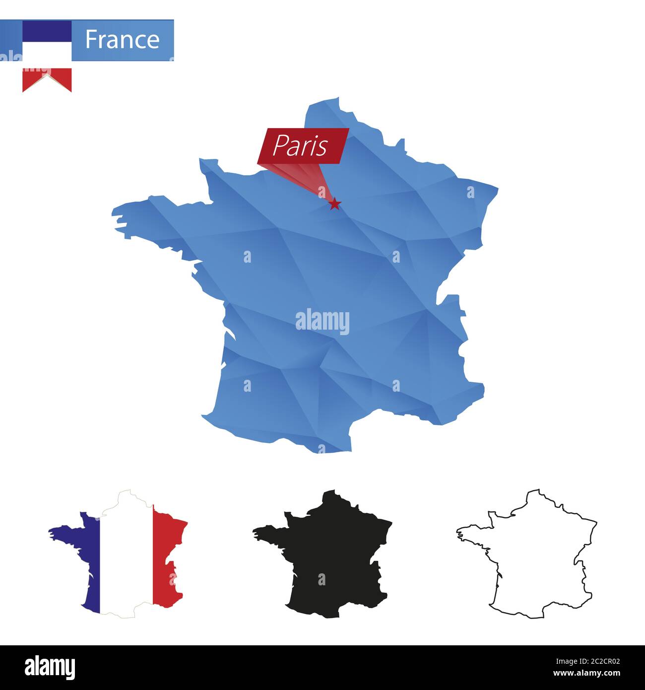 France blue Low Poly map with capital Paris, four versions of map ...