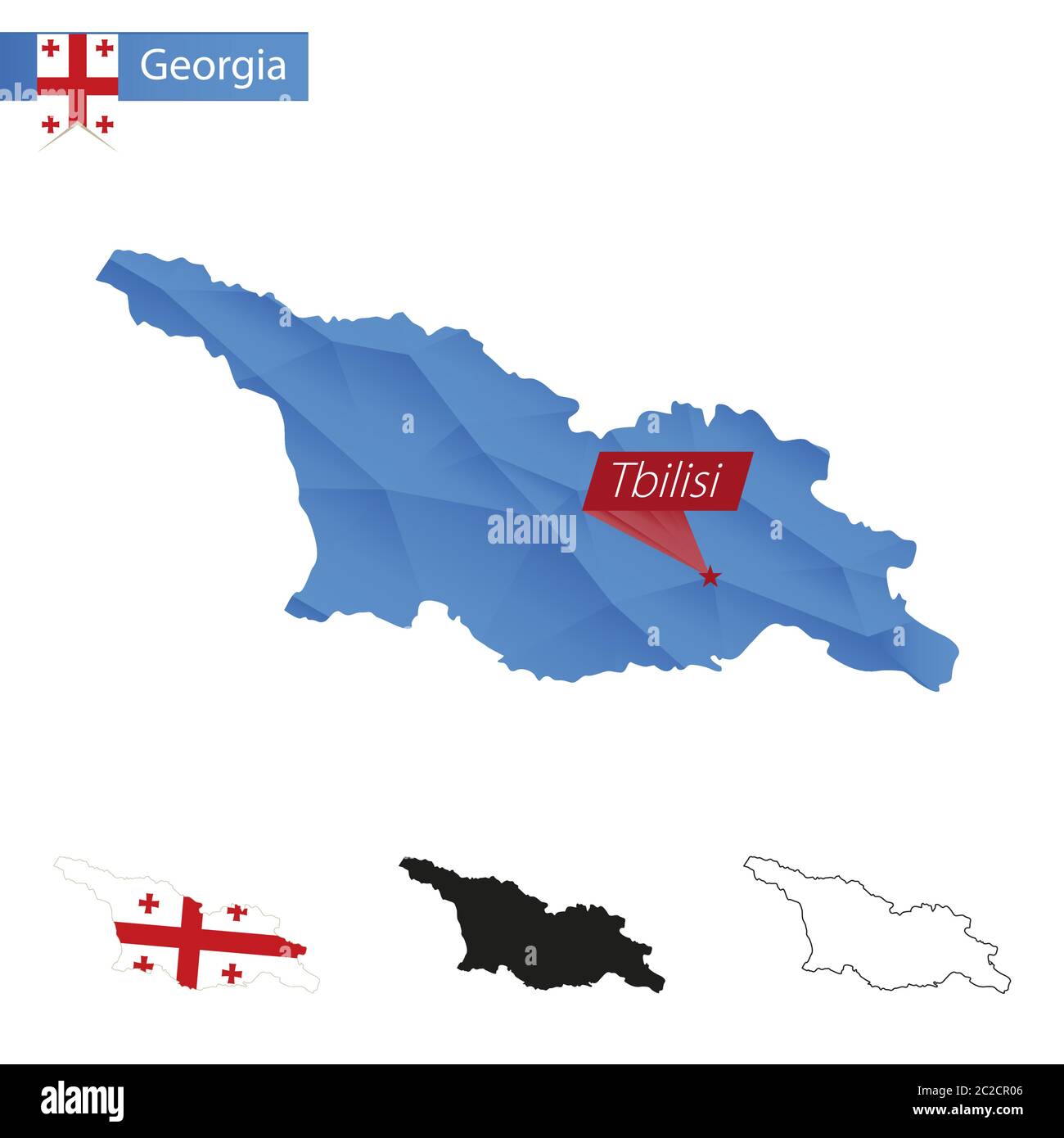 Georgia blue Low Poly map with capital Tbilisi, versions with flag ...