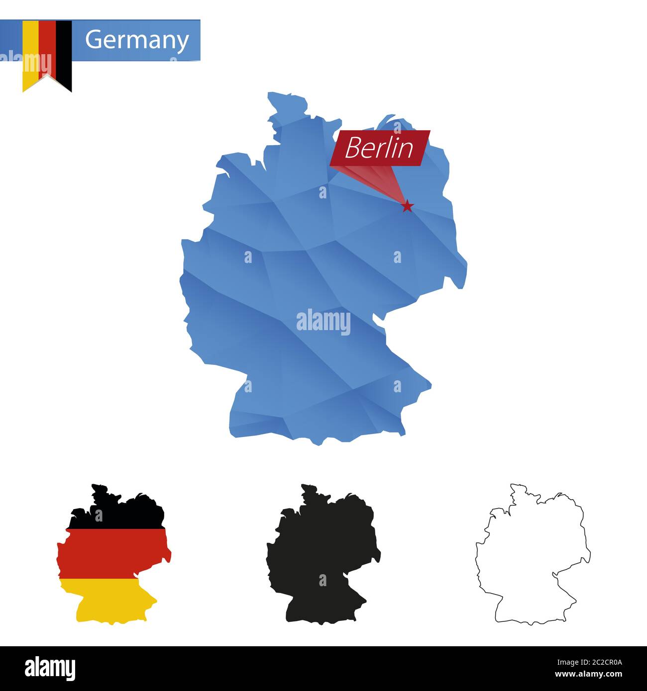 Germany blue Low Poly map with capital Berlin, versions with flag ...