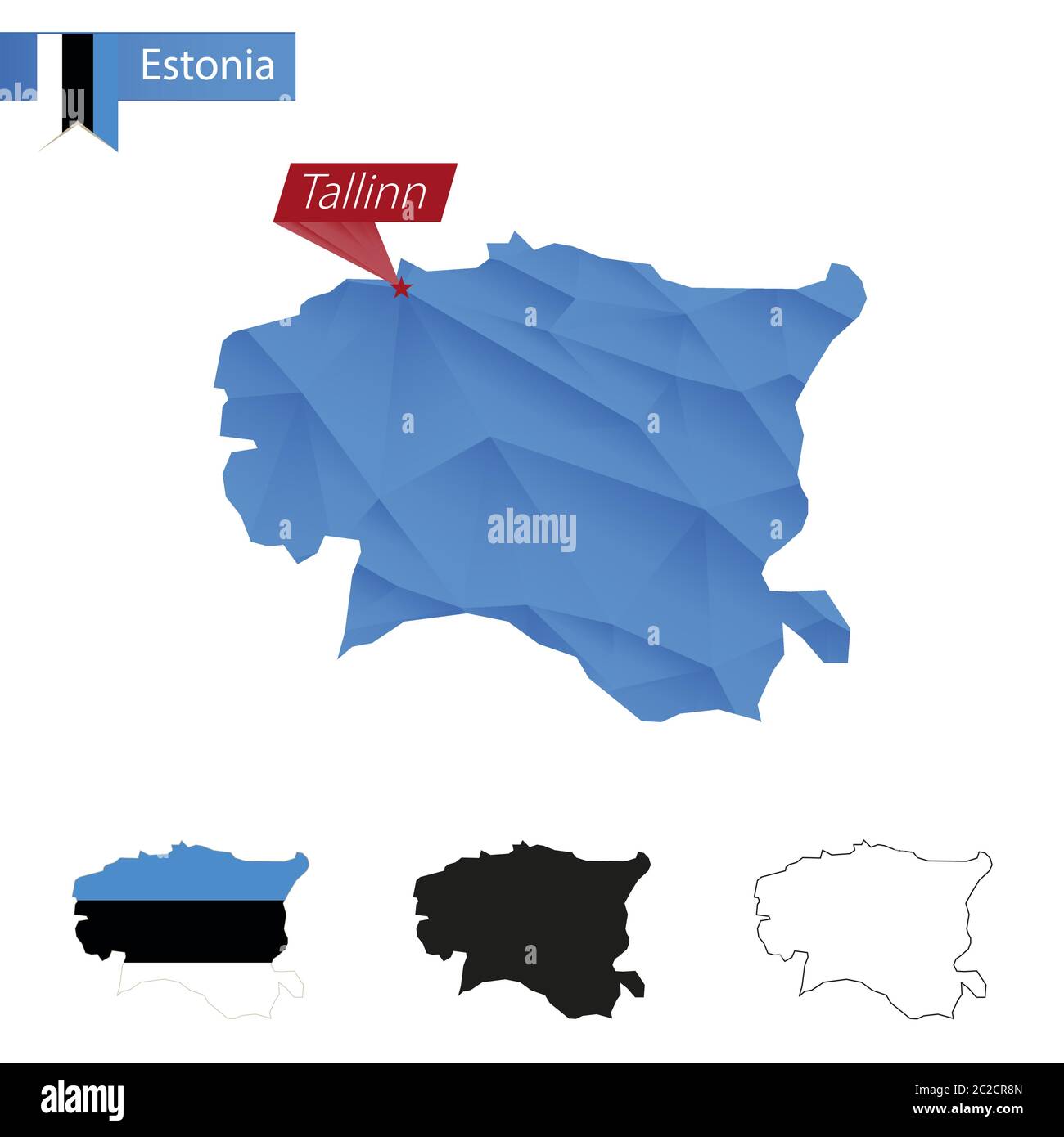 Estonia blue Low Poly map with capital Tallinn, versions with flag ...