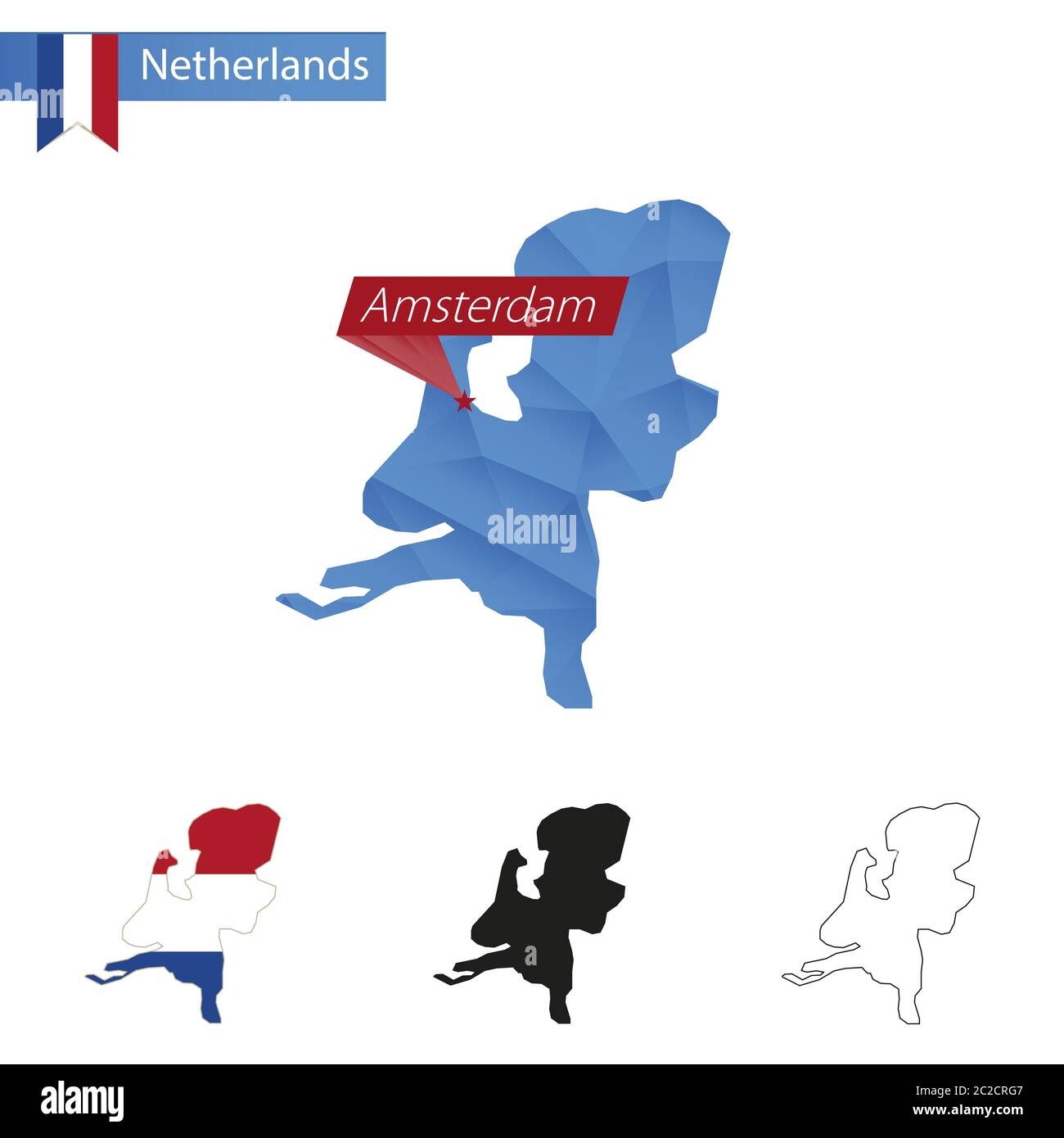 Netherlands blue Low Poly map with capital Amsterdam, versions with ...