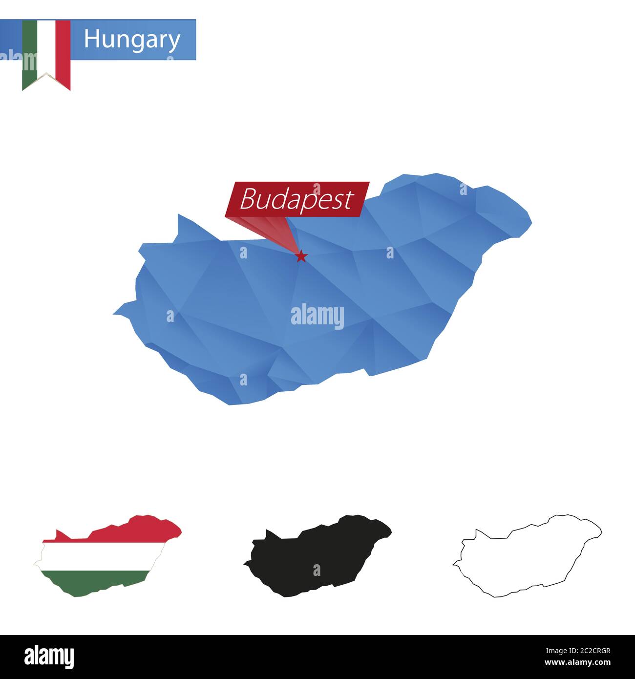 Hungary blue Low Poly map with capital Budapest, four versions of map ...