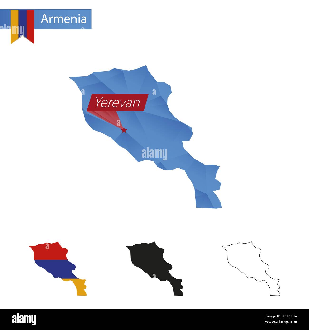 Armenia blue Low Poly map with capital Yerevan, versions with flag ...