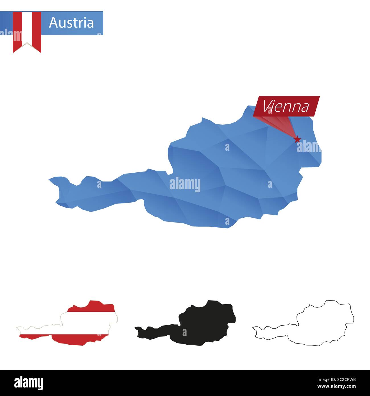 Austria blue Low Poly map with capital Vienna, versions with flag ...