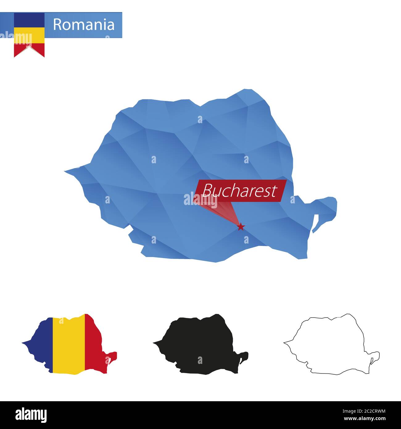 Romania blue Low Poly map with capital Bucharest, four versions of map ...