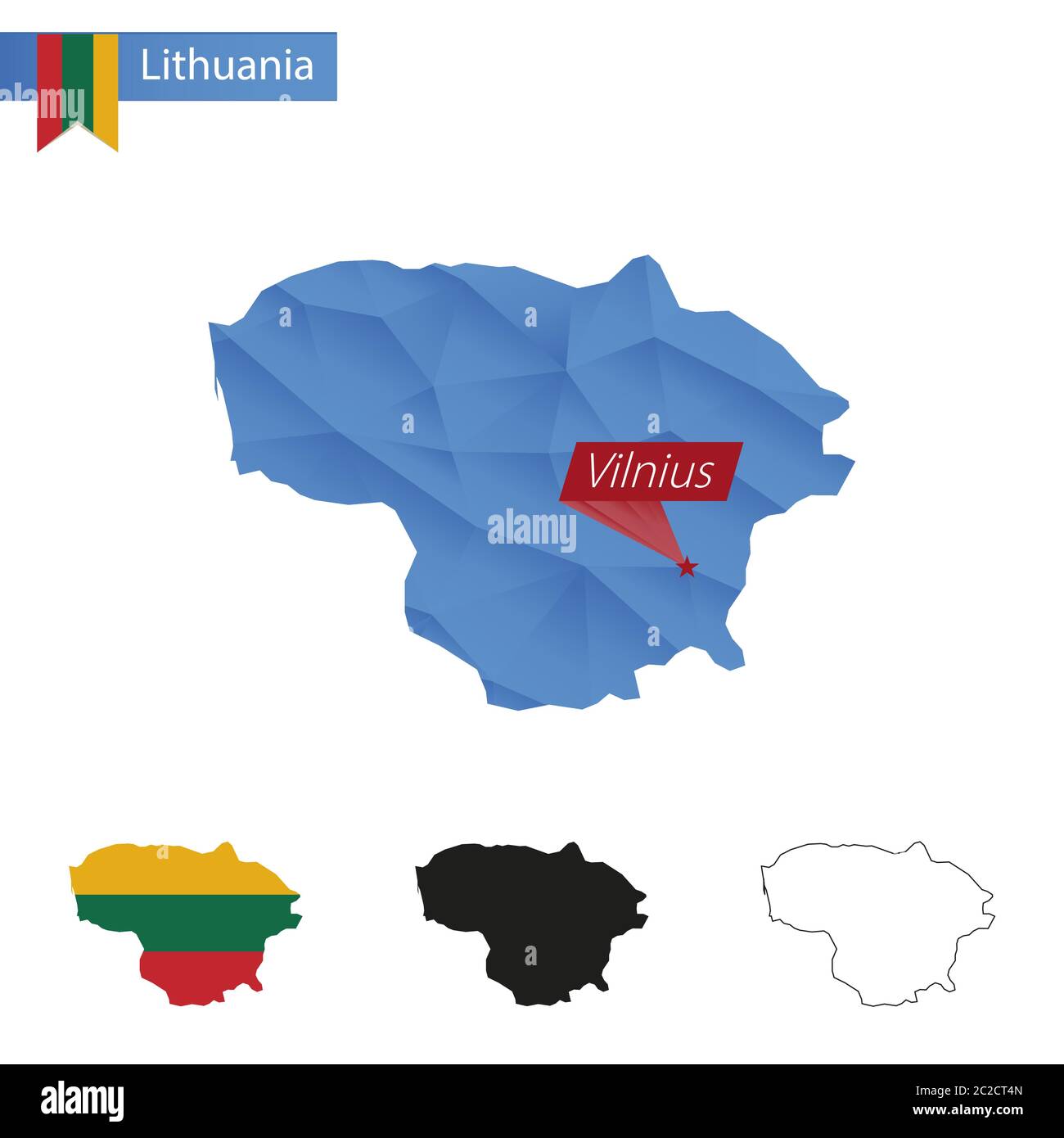 Lithuania blue Low Poly map with capital Vilnius, versions with flag ...