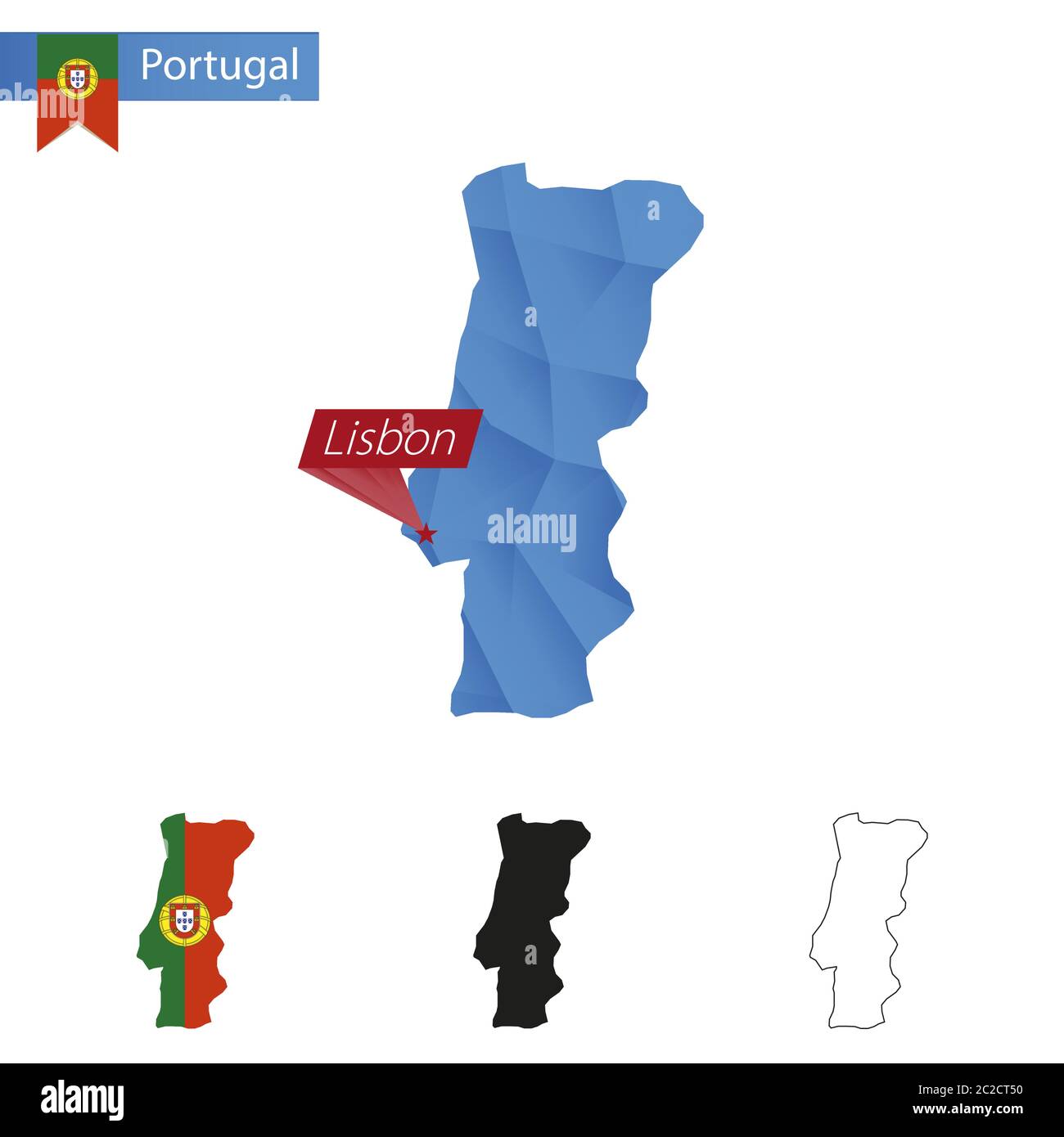 Portugal blue Low Poly map with capital Lisbon, versions with flag ...
