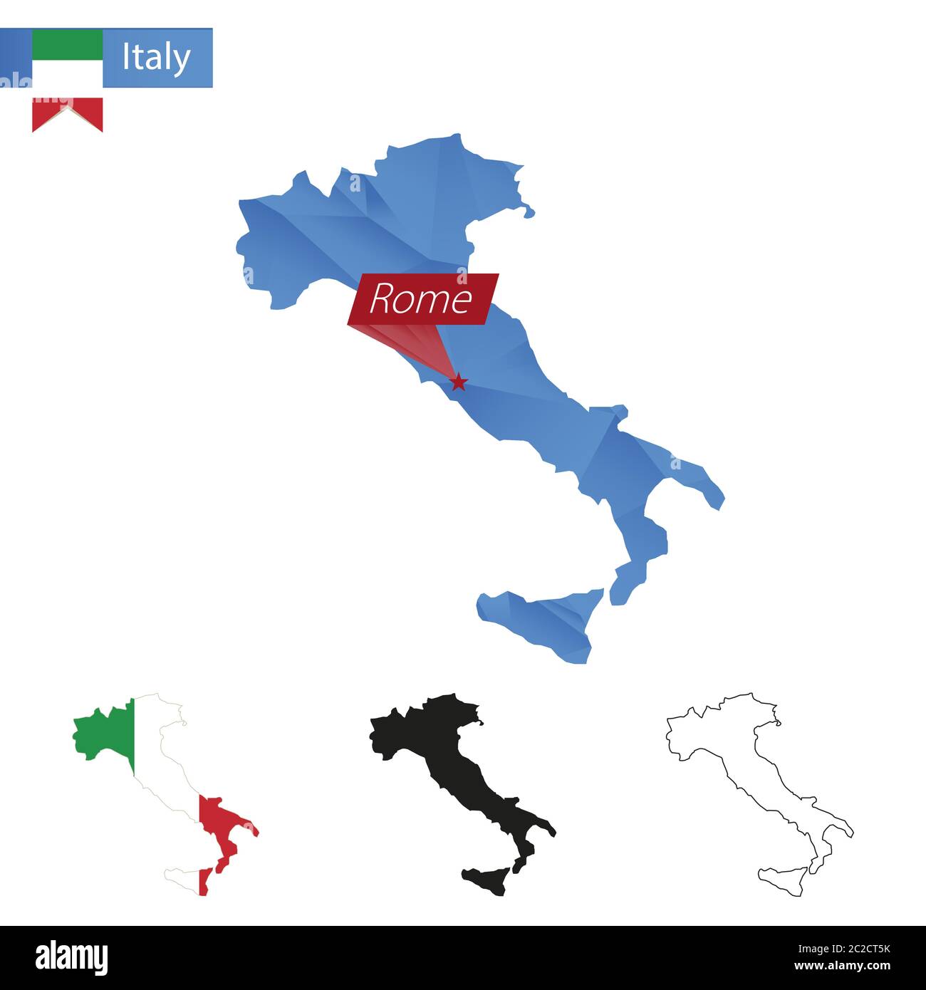 Italy blue Low Poly map with capital Rome, versions with flag, black ...