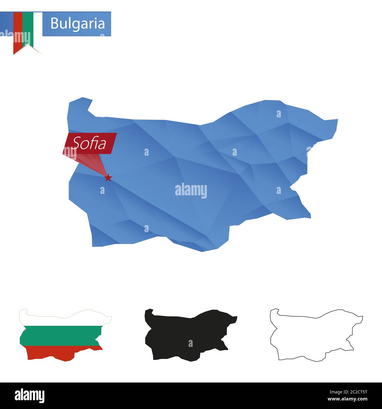 Bulgaria blue Low Poly map with capital Sofia, four versions of map ...
