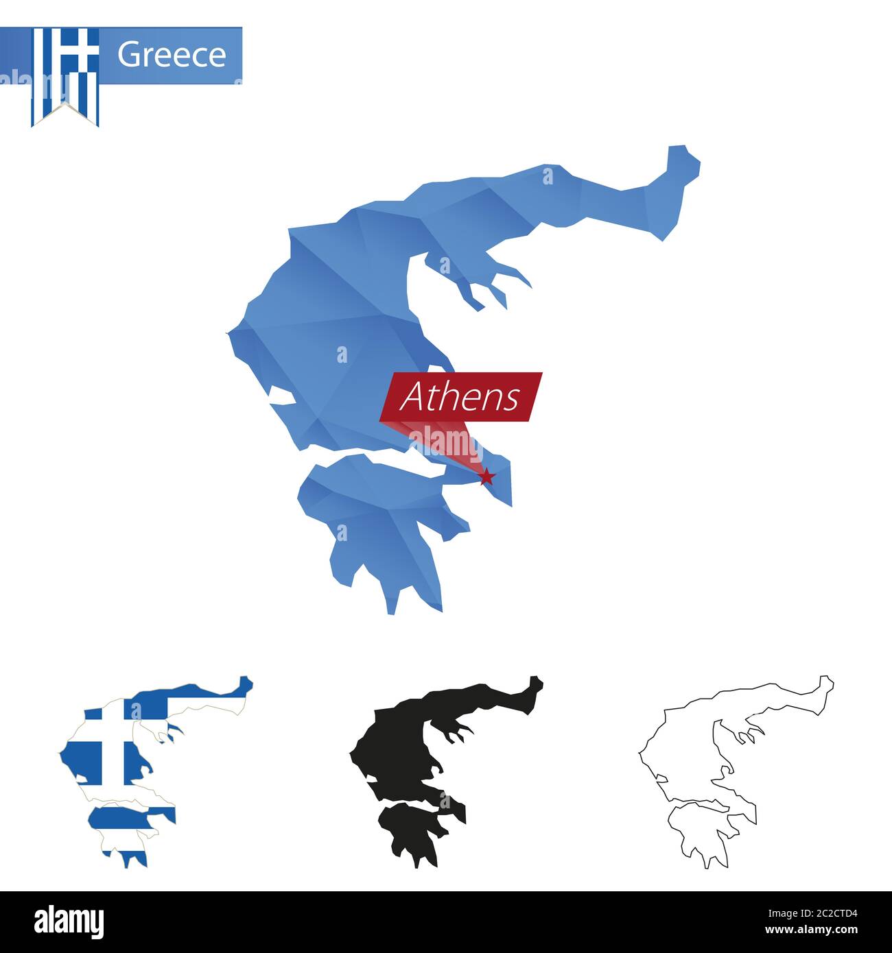 Greece blue Low Poly map with capital Athens, four versions of map ...
