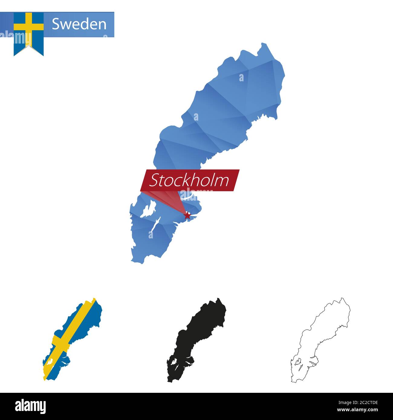 Sweden blue Low Poly map with capital Stockholm, versions with flag ...