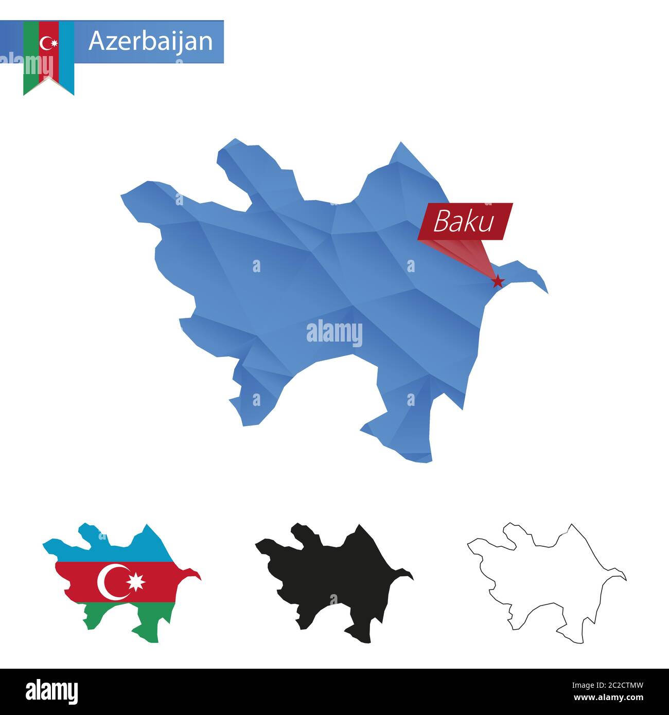 Azerbaijan blue Low Poly map with capital Baku, versions with flag ...