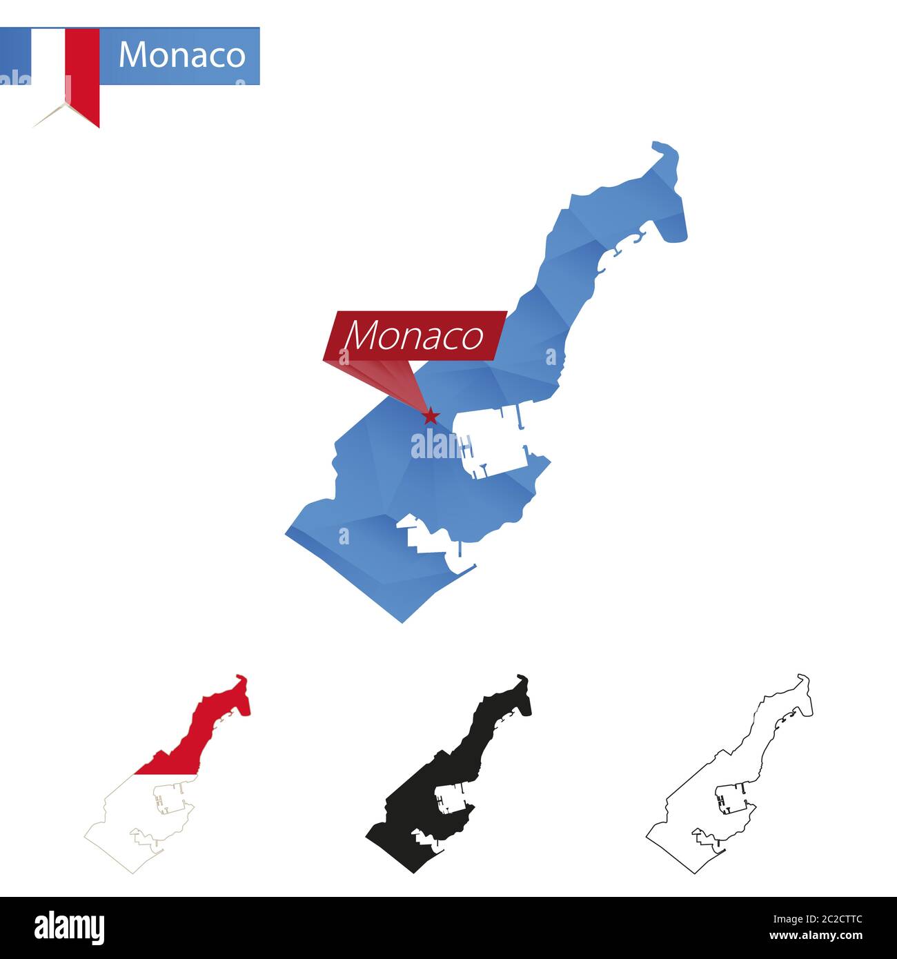 Monaco blue Low Poly map with capital, versions with flag, black and ...