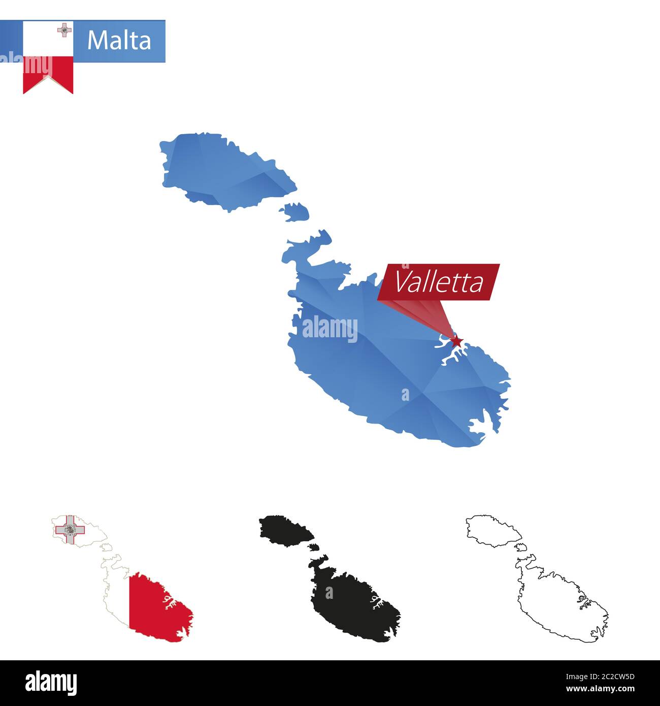 Malta blue Low Poly map with capital Valletta, versions with flag ...