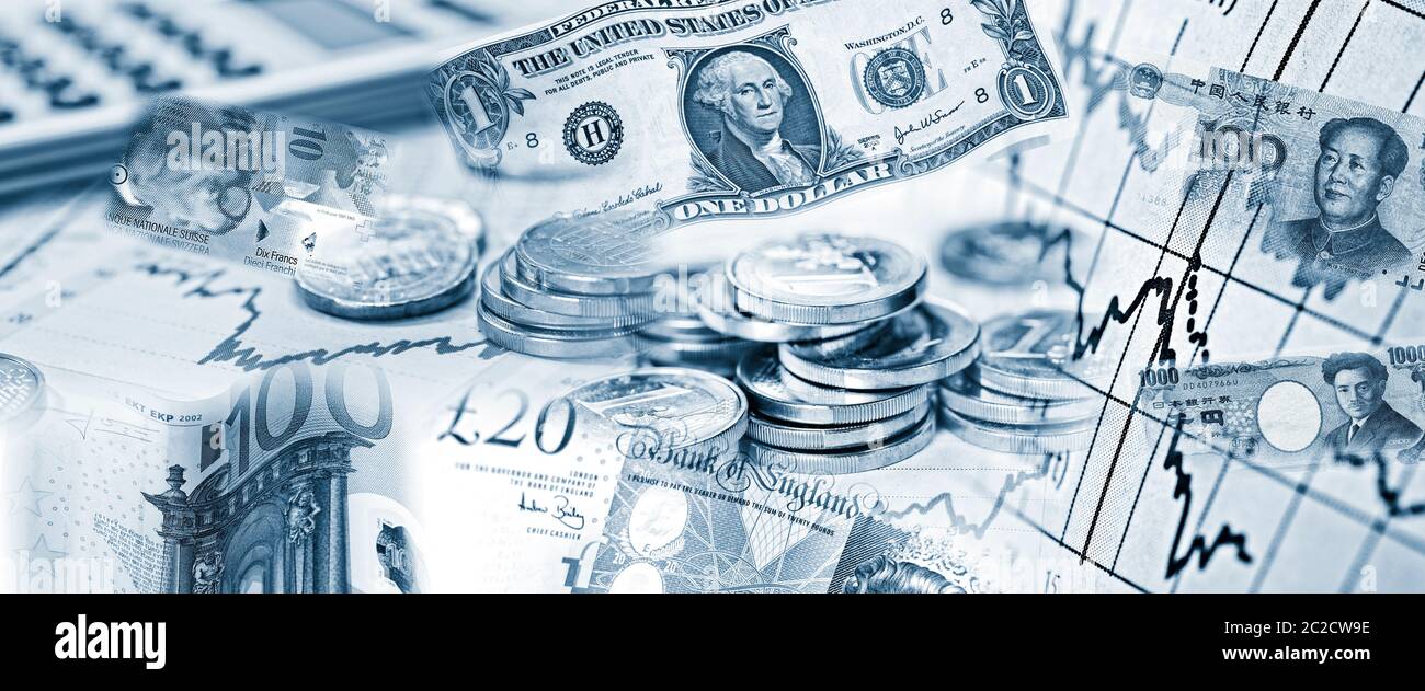 Exchange rates of various currencies with banknotes and calculator ...