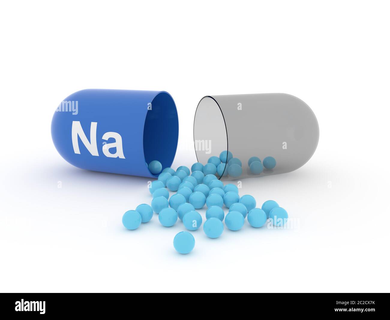 Open capsule with Na Sodium on a white table, food supplement concept ...