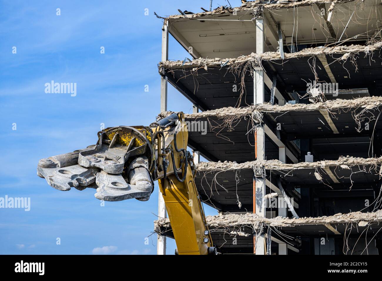 Building House destruction Demolition site Excavator with hydraulic ...