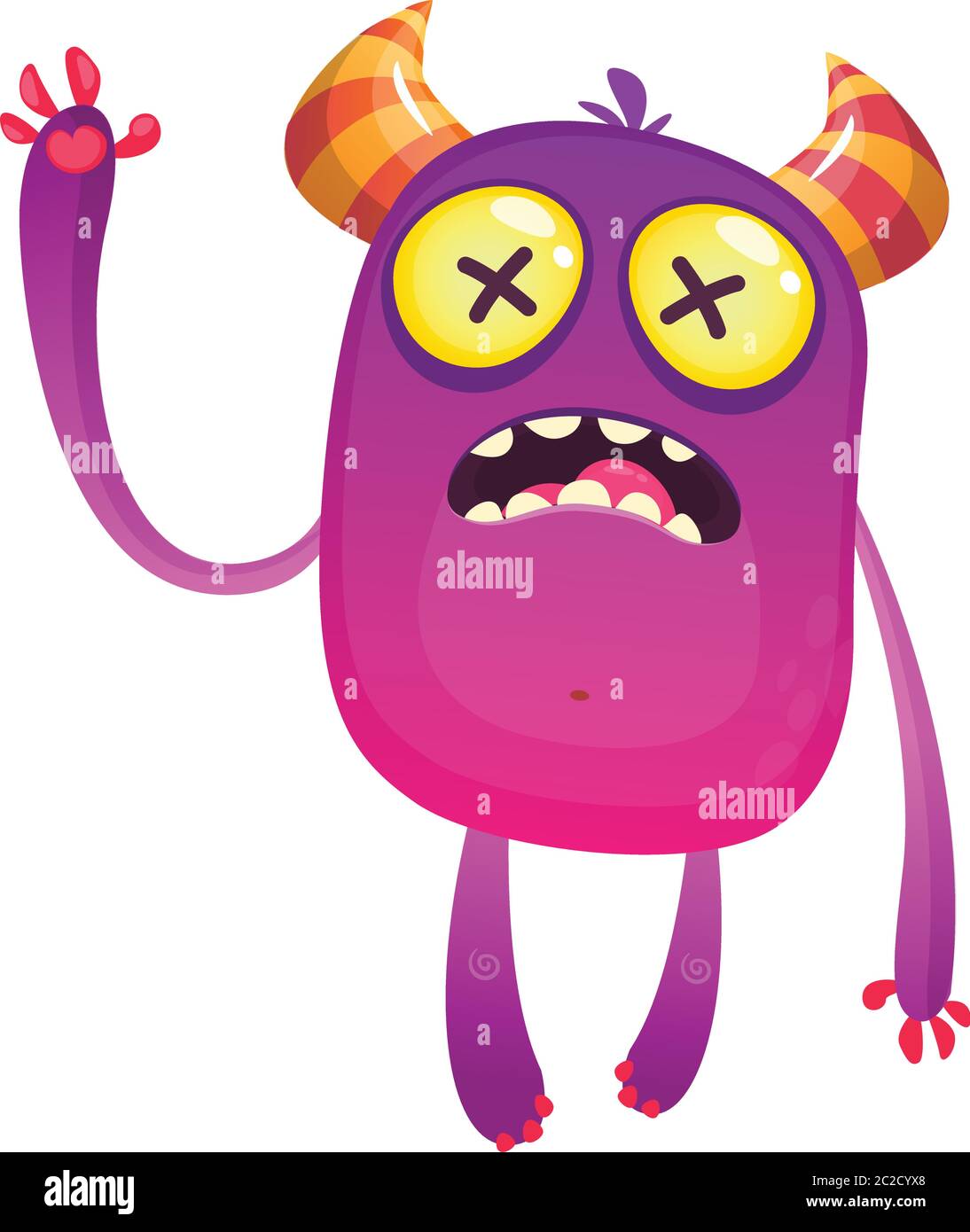 Scared cartoon pink monster waving. Vector cute monster mascot ...