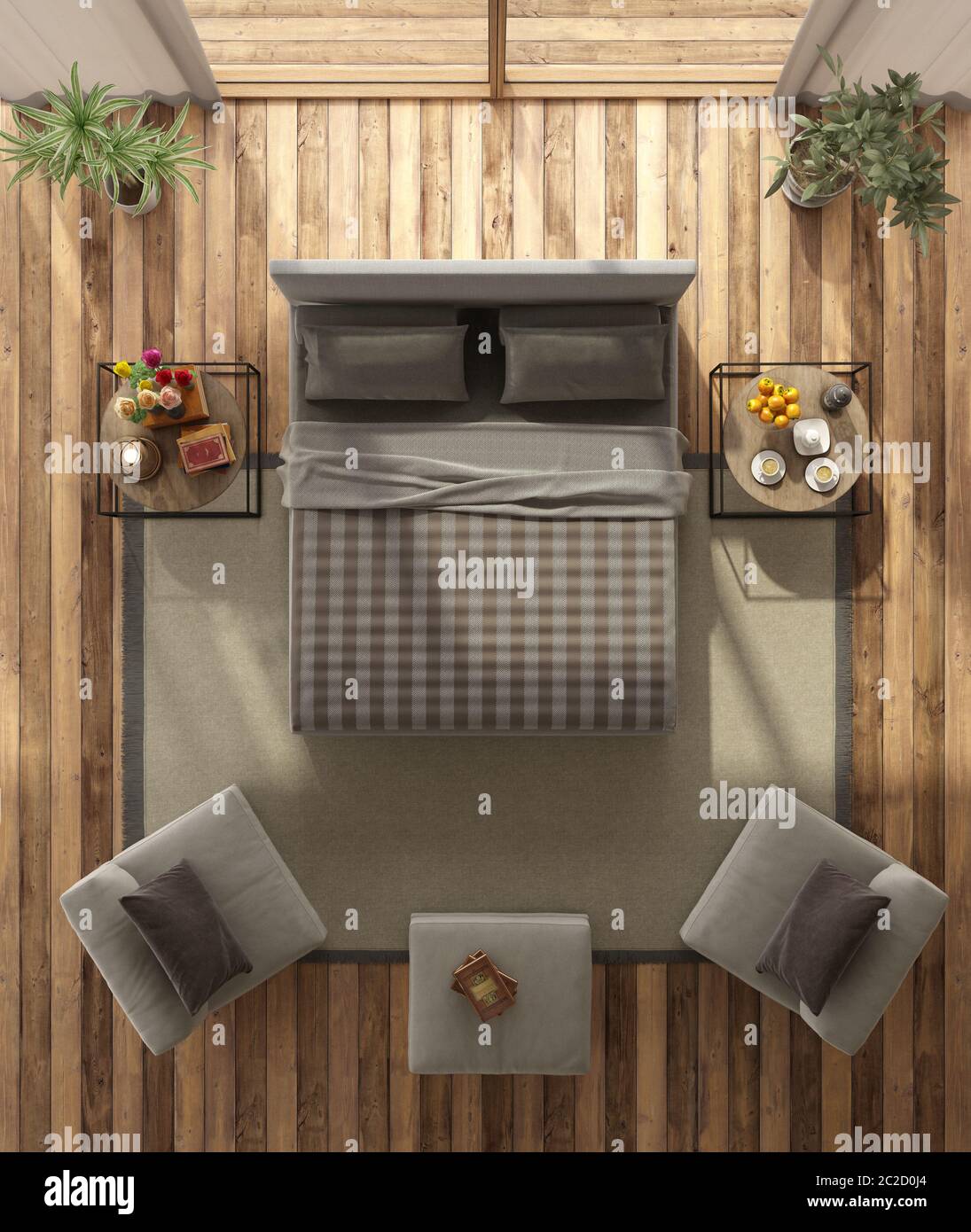 Top view of a modern master bedroom with double bed,footstool,armchairs ...