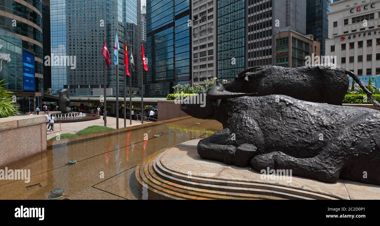 Central, Hong Kong 16 July 2019:Two buffalo statues, Exchange Square at ...