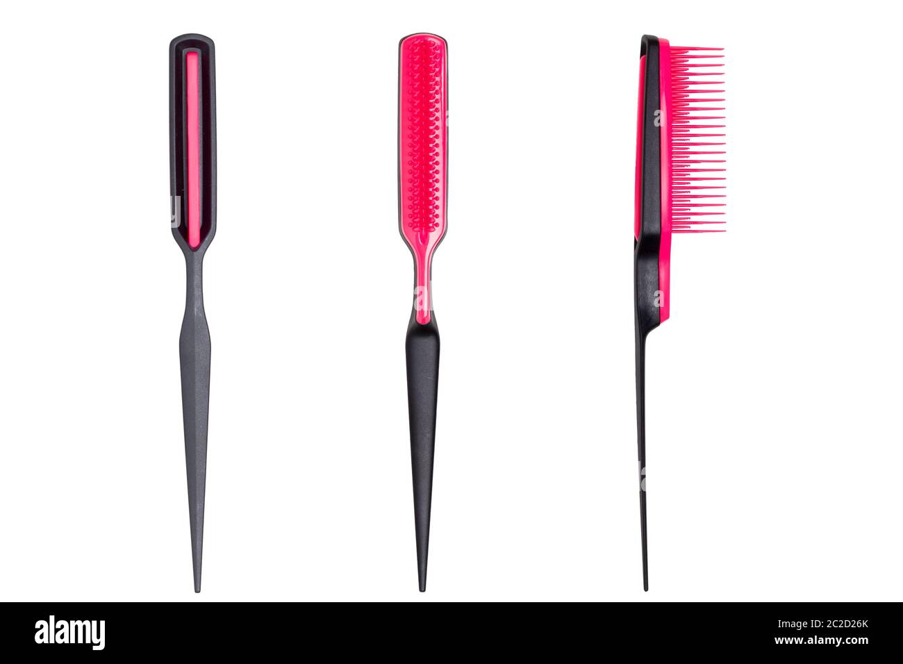 Hair combs isolated. Closeup of a stylish pink hair comb in three views ...