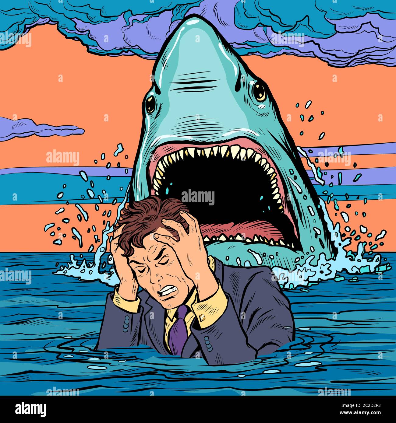 The shark attacks the businessman. Man afraid. Pop art retro vector ...