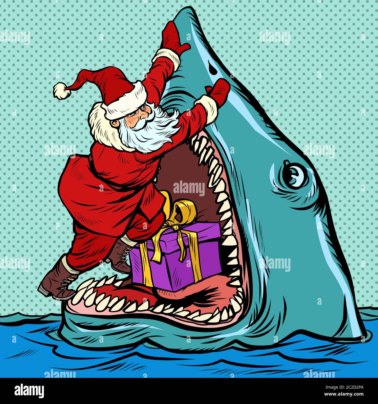 Santa Claus pushes Christmas gift into shark mouth. Pop art retro ...