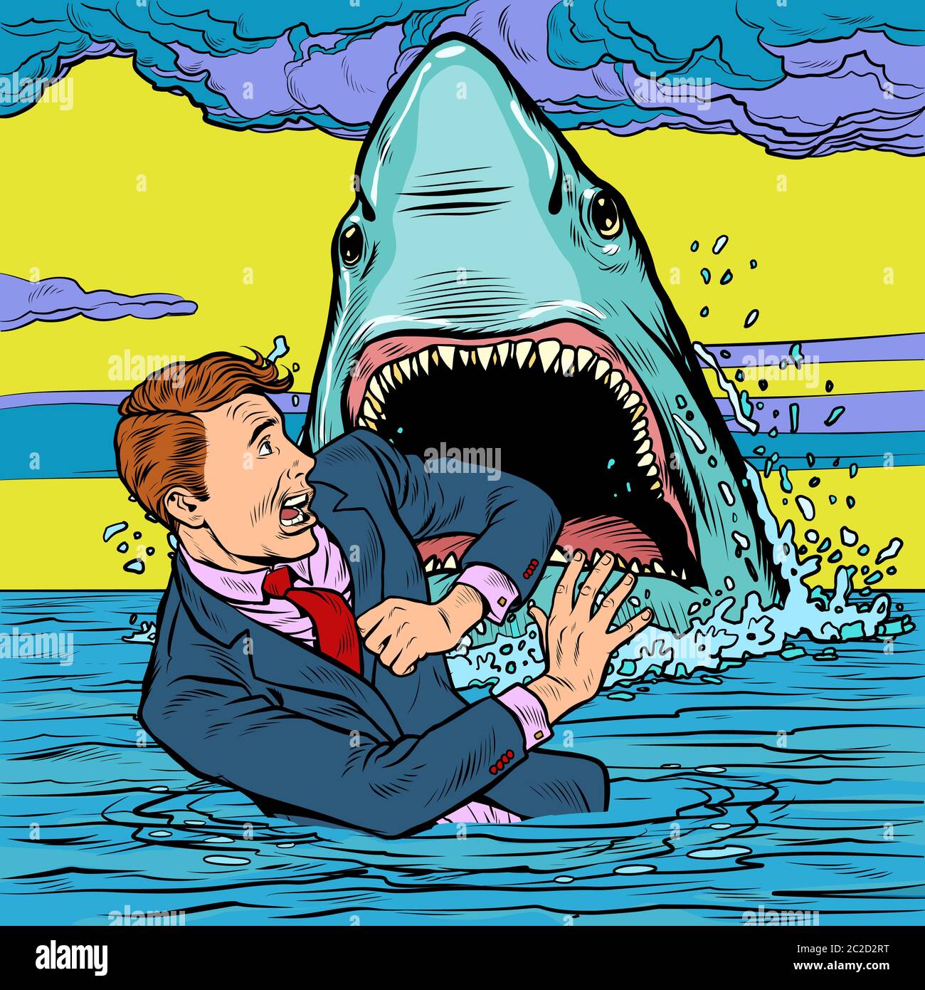 The shark attacks the businessman. Man afraid. Pop art retro vector ...