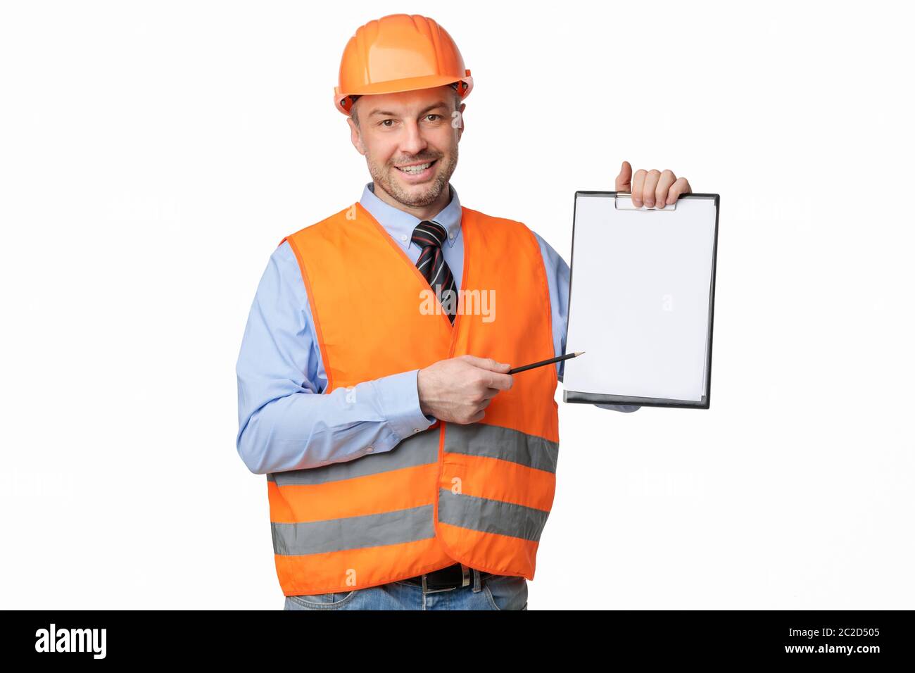 Construction Worker Holding Folder Posing Over White Studio Background ...