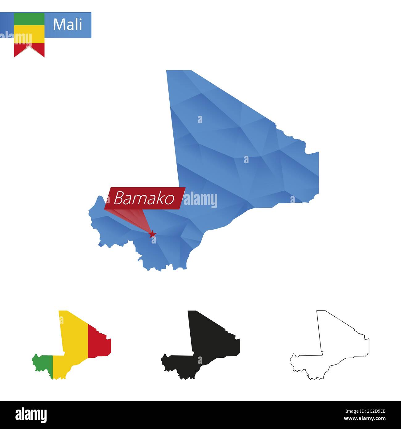 Mali blue Low Poly map with capital Bamako, versions with flag, black ...