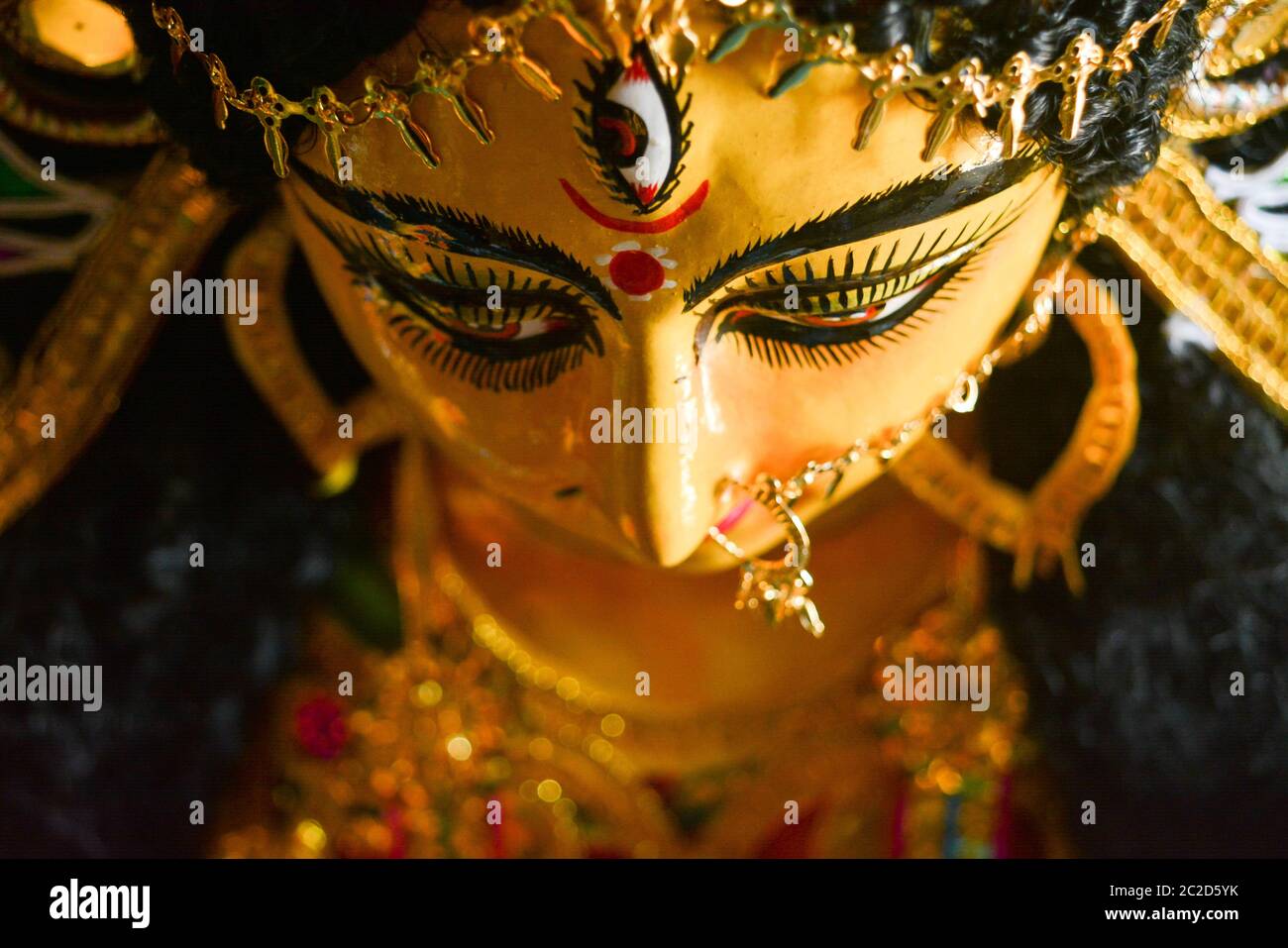 Close up of Durga Maa with a third eye or "TriNayani". A symbol of ...