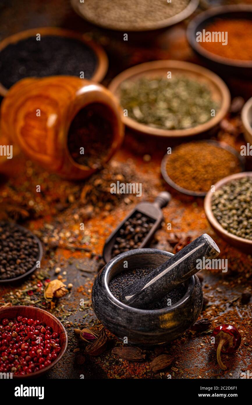 Different spices, spice concept, still life of spices Stock Photo - Alamy
