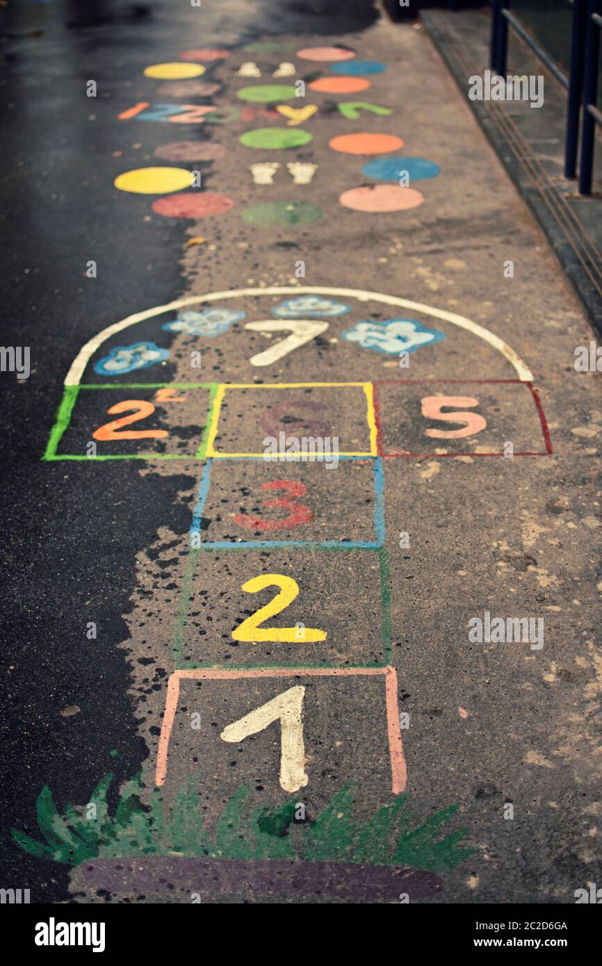 Children's hopscotch game with squares and numbers in different colors ...