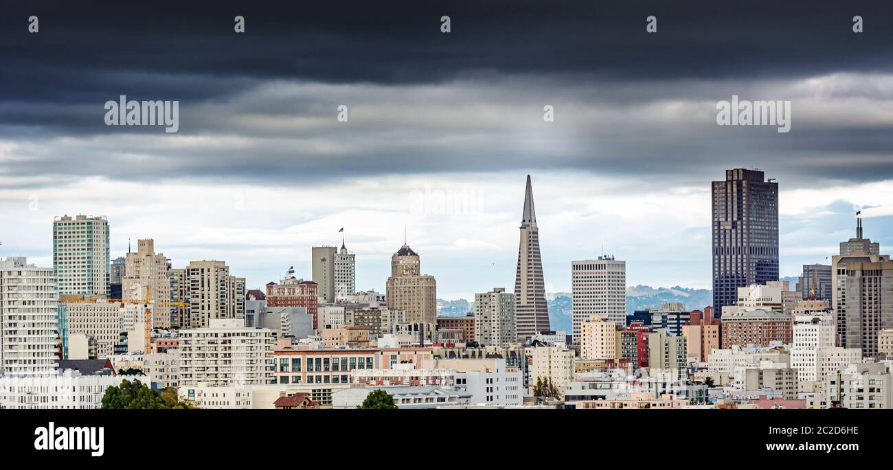 San Francisco city skyline on a cloudy day. Bad weather and heavy ...