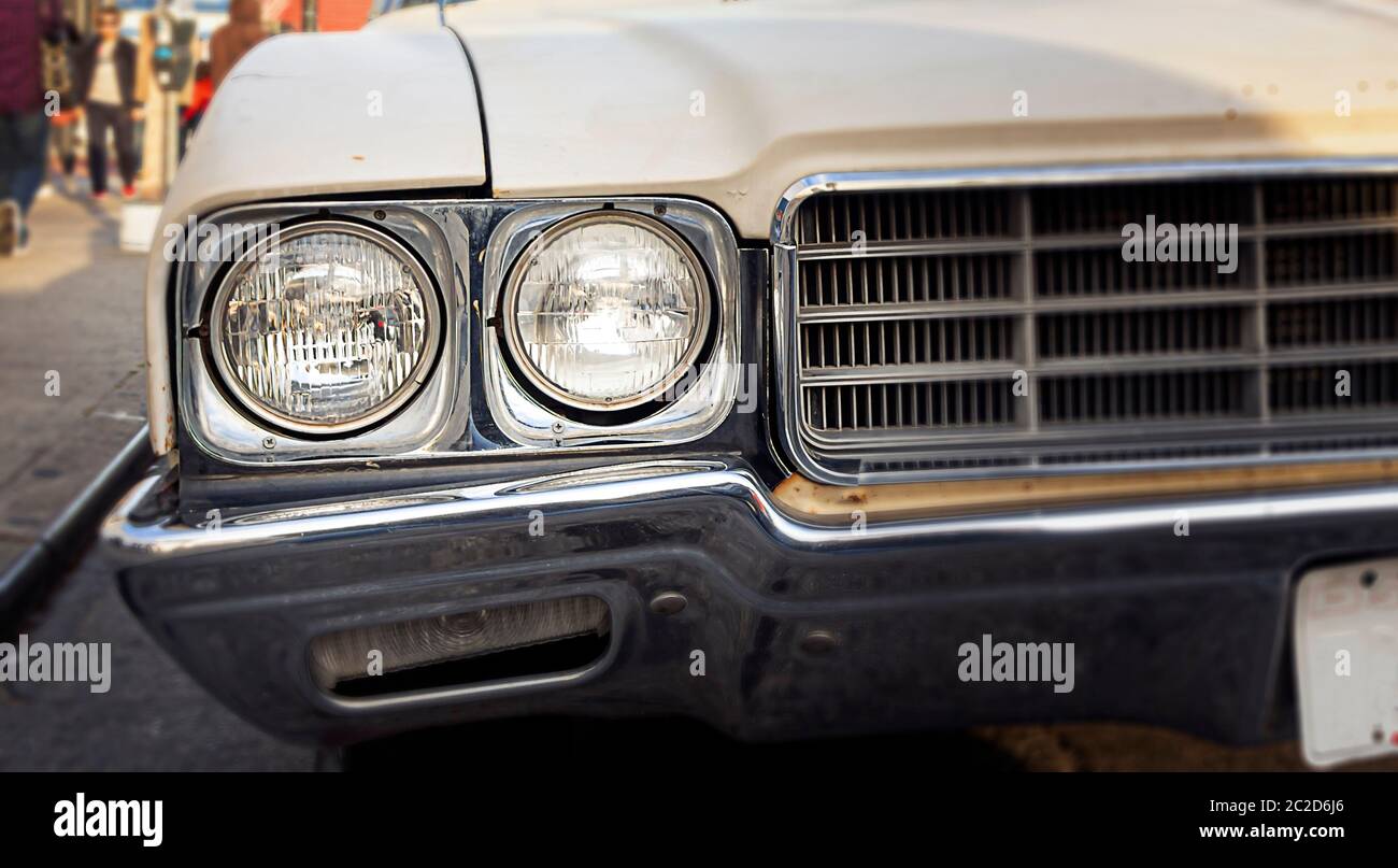 round front headlights of an antique car. Vintage vehicle. Detail of ...
