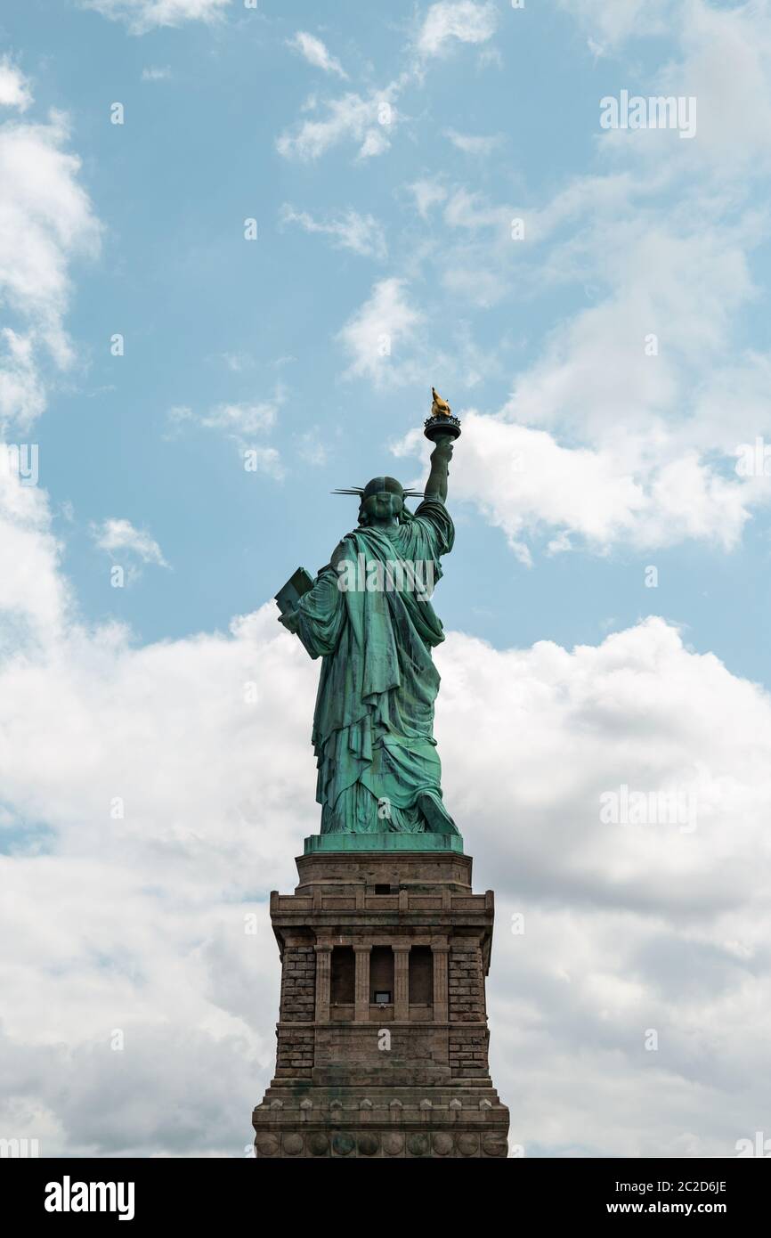 New York City / USA - AUG 22 2018: The statue of liberty back view in ...