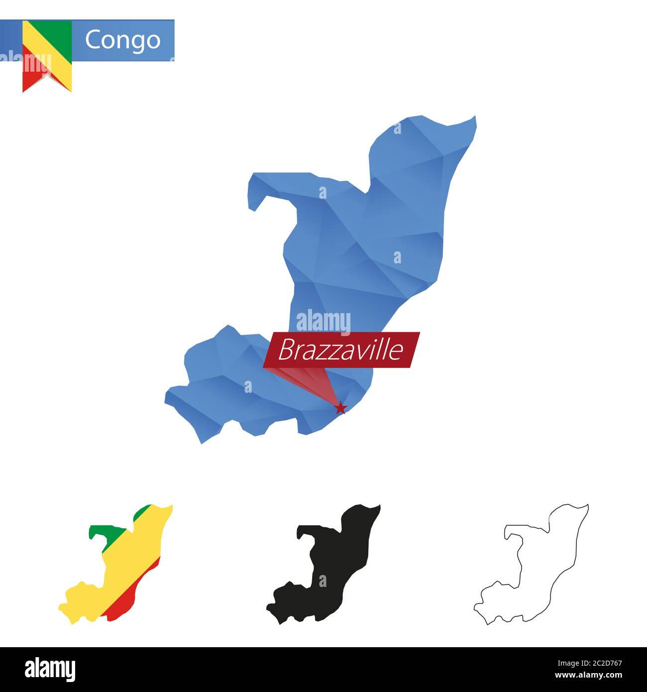 Congo blue Low Poly map with capital Brazzaville, versions with flag ...