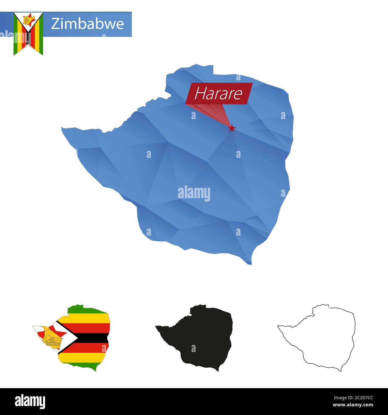 Zimbabwe blue Low Poly map with capital Harare, versions with flag ...