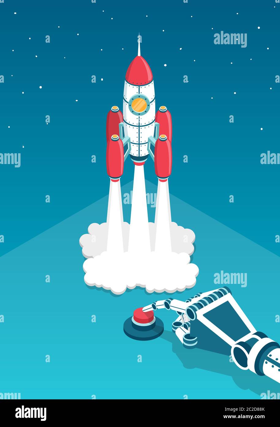 Mechanical hand presses a finger on the red button and the rocket ...