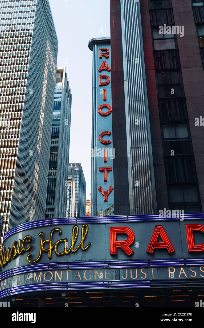 New York City / USA - JUL 19 2018: Radio City sign and buildings facade ...