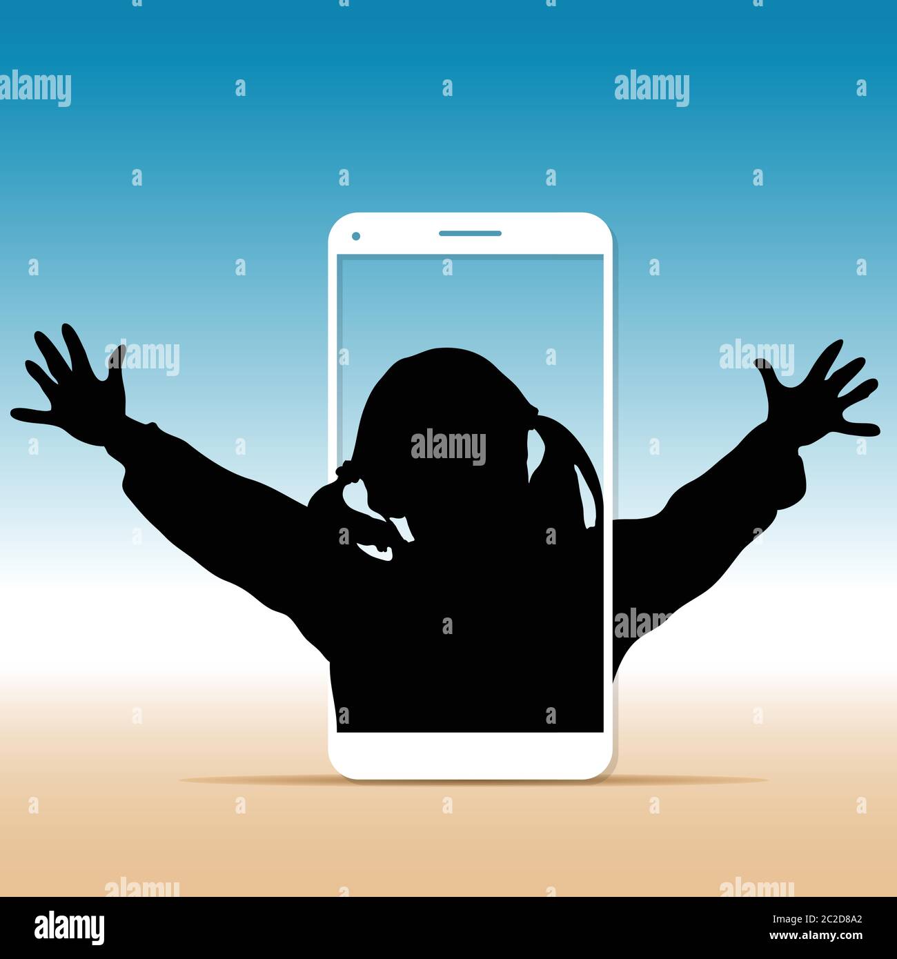 child silhouette with on cellphone illustration in colorful Stock ...